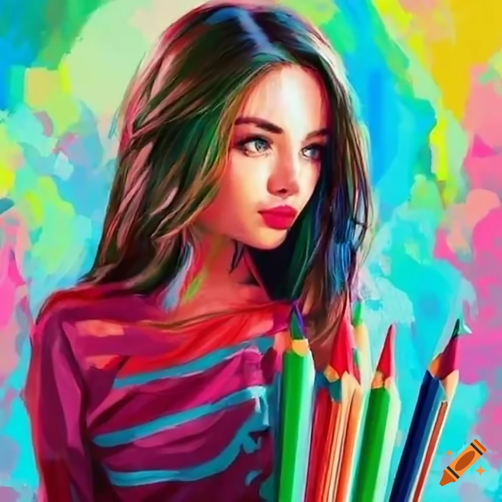 Young woman drawing with colored pencils in a sketchbook on Craiyon