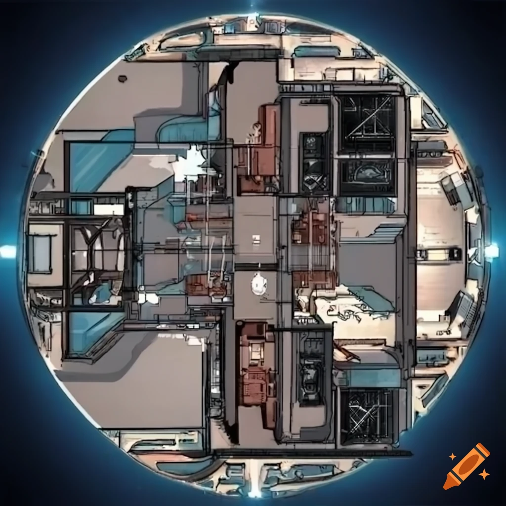Intricate design of a futuristic space station floor plan on Craiyon