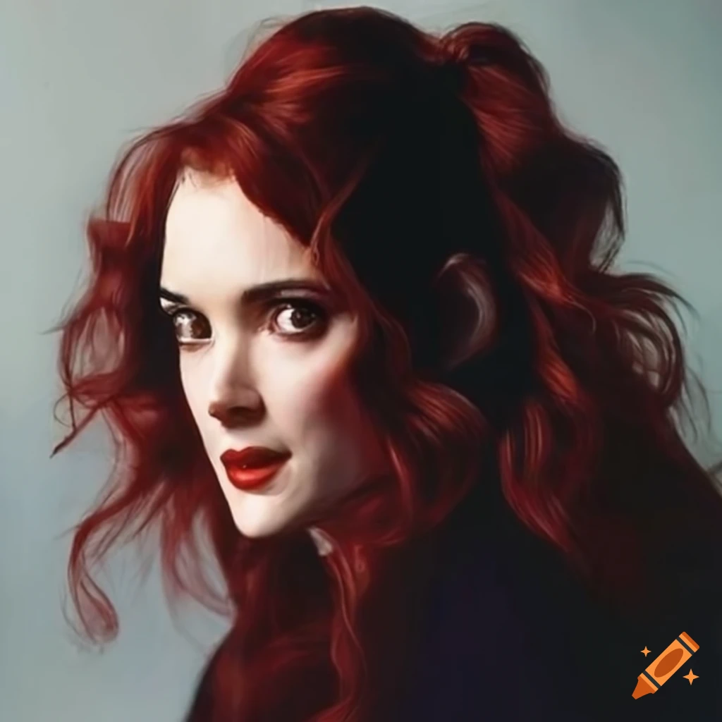 Winona ryder with striking dark red hair in a classic portrait on Craiyon