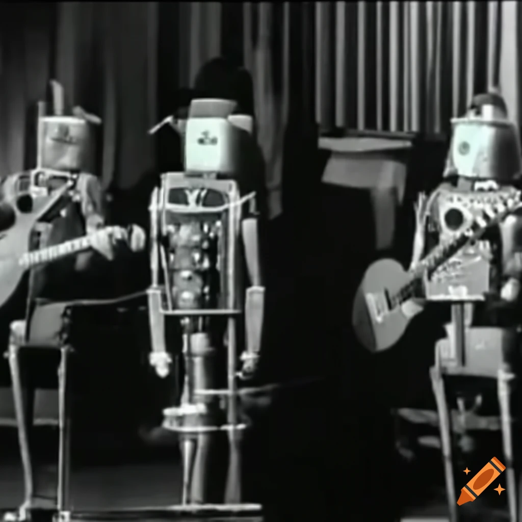 Robot playing the moog theremin in a 1960's vhs tv show band on Craiyon