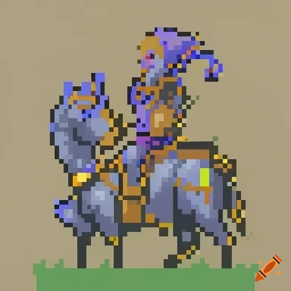 Pixel art of a wizard knight riding a horse on Craiyon