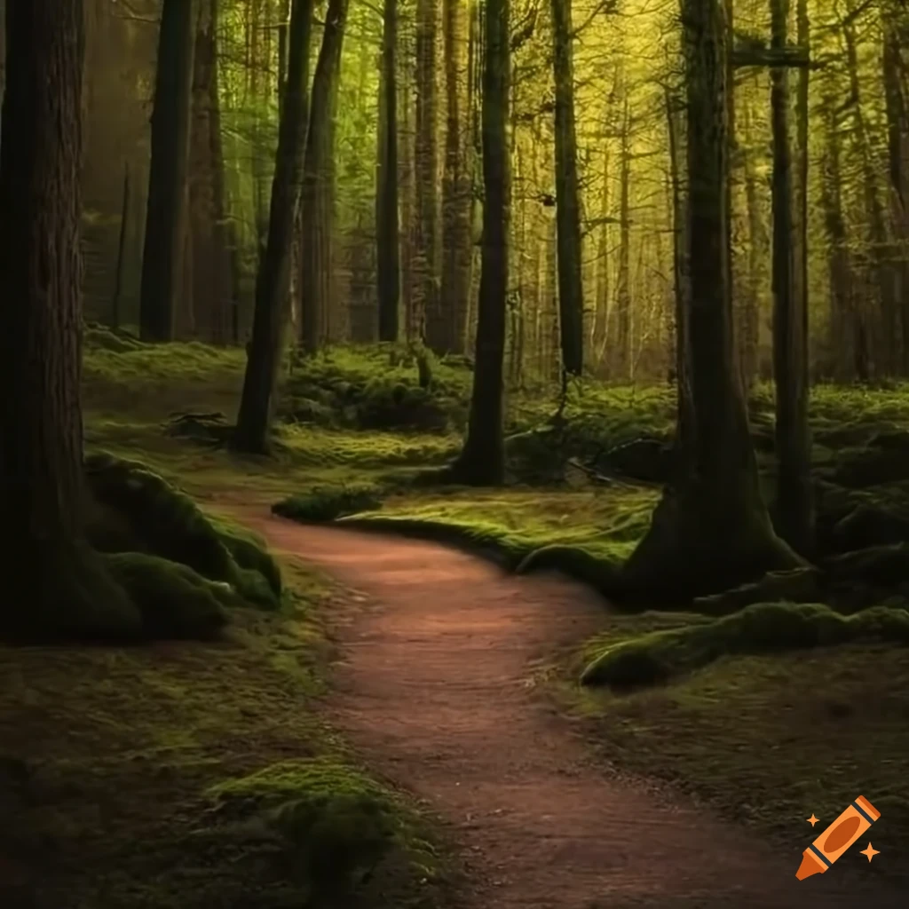 Winding forest path leading to a foreboding mountain in high detail on ...