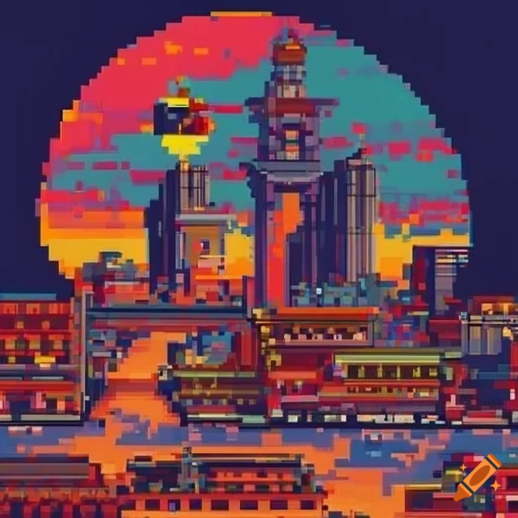 Pixel art with sega genesis inspired vintage asian travel poster vibes on Craiyon