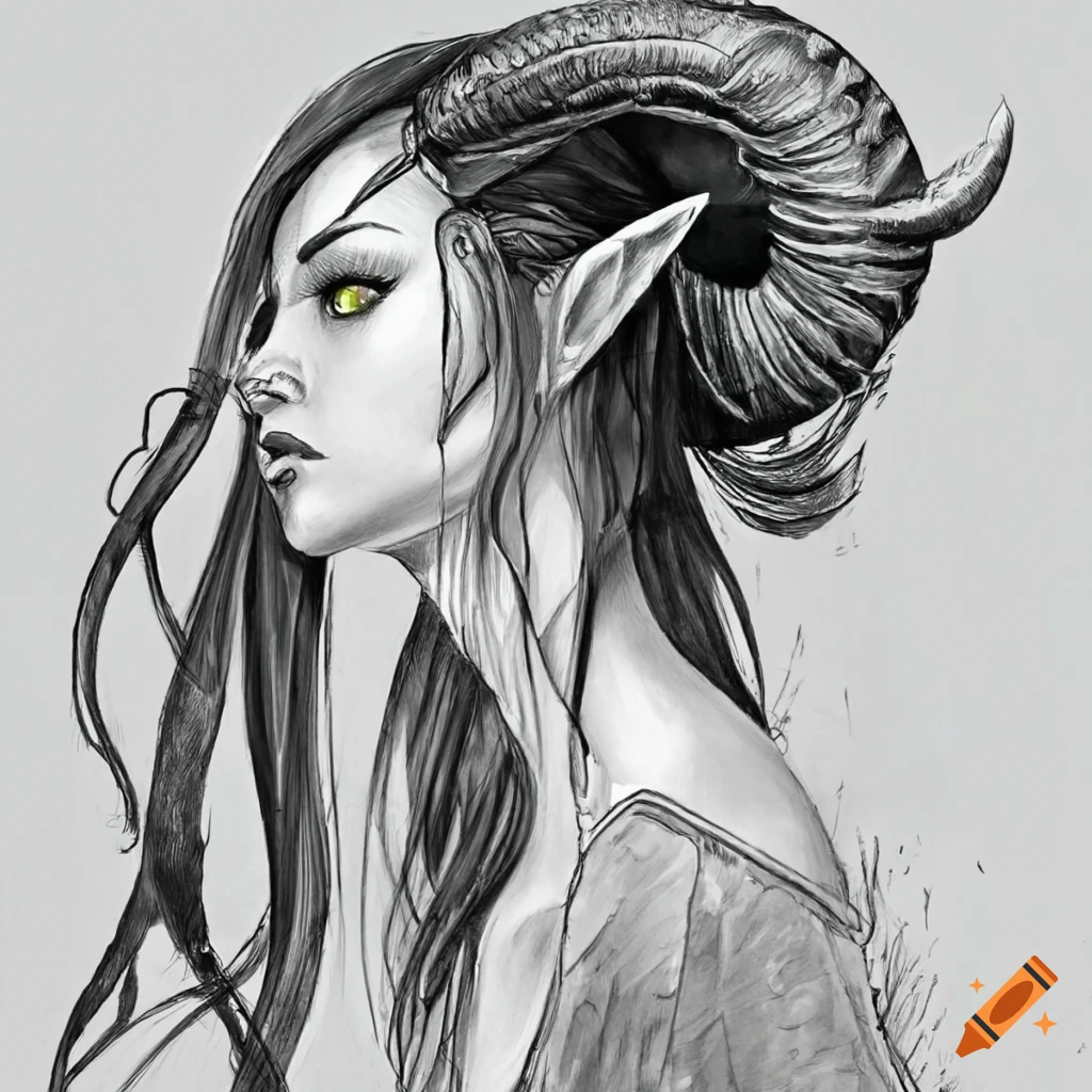 Side profile of a stoic fantasy elf girl with ram horns in black and white ink drawing on Craiyon