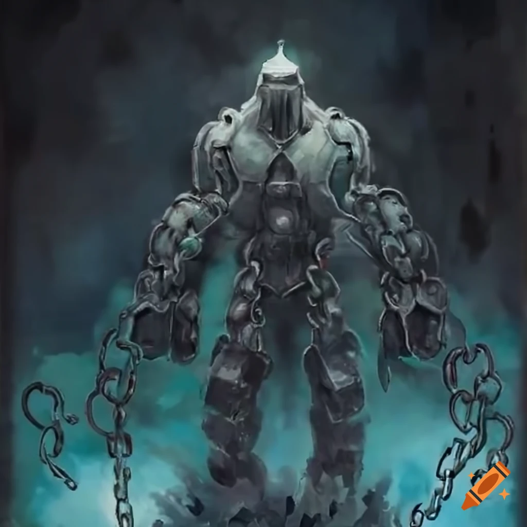 Iron Chain Golem towering over the battlefield with metallic limbs and ...