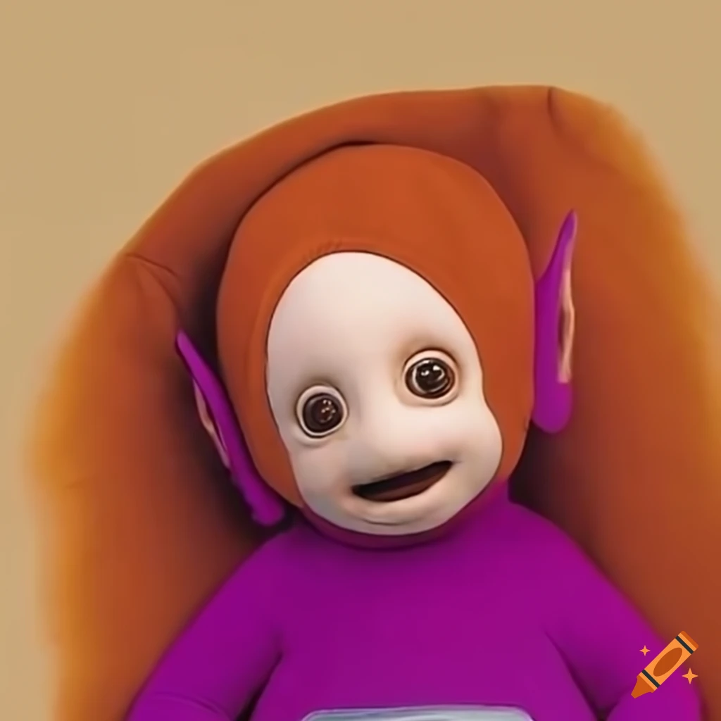 Female teletubby with long red hair revealed after removing hood on Craiyon