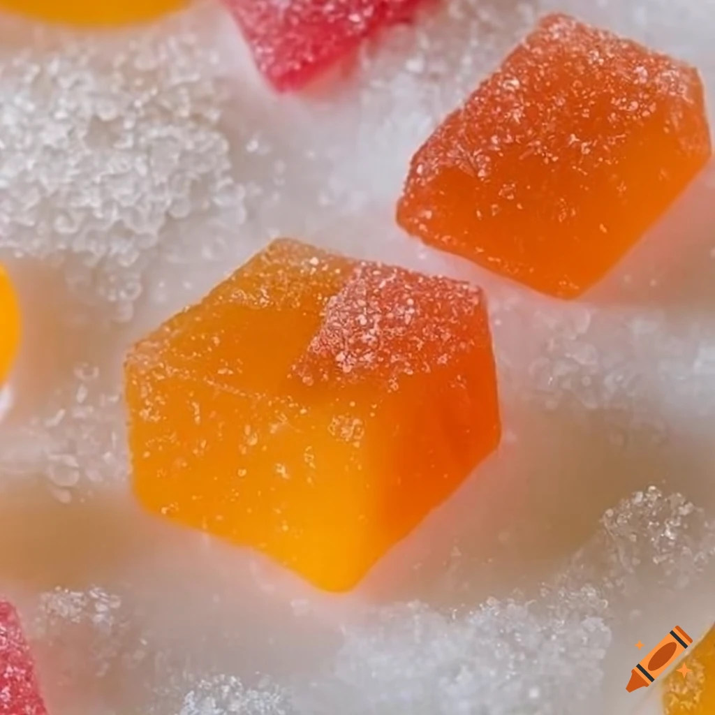 Delicious orange fruit jelly cubes covered in sugar on Craiyon