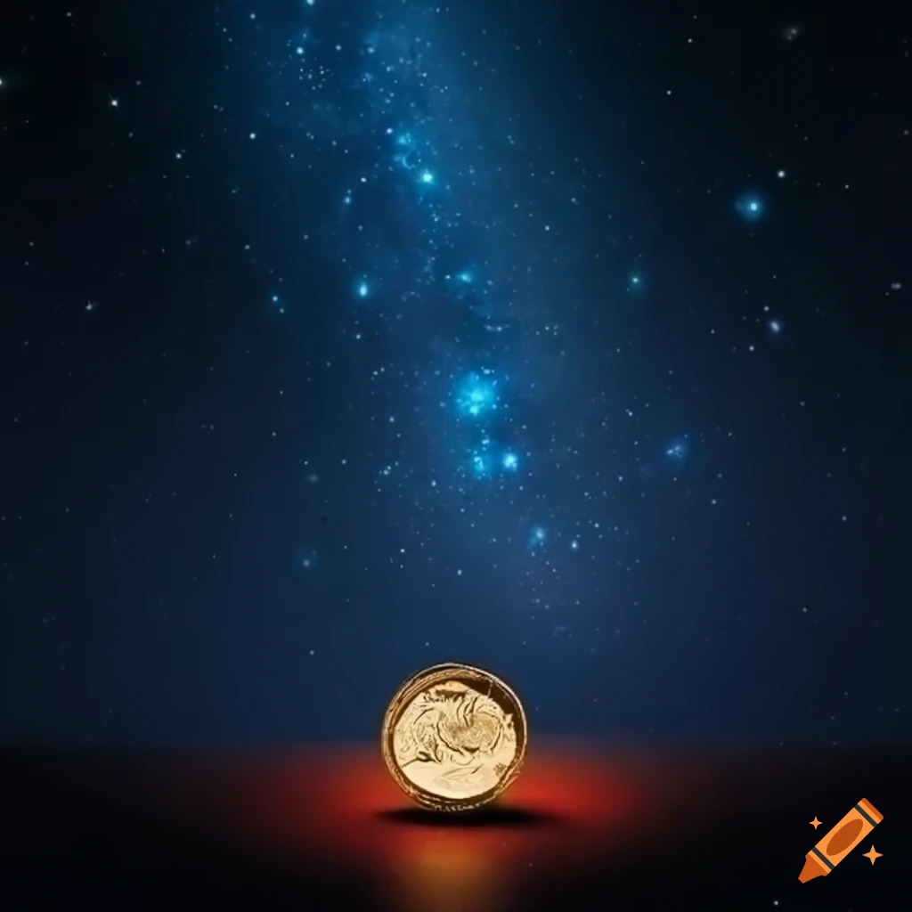 Shiny coin in a starry night sky showering coins on Craiyon