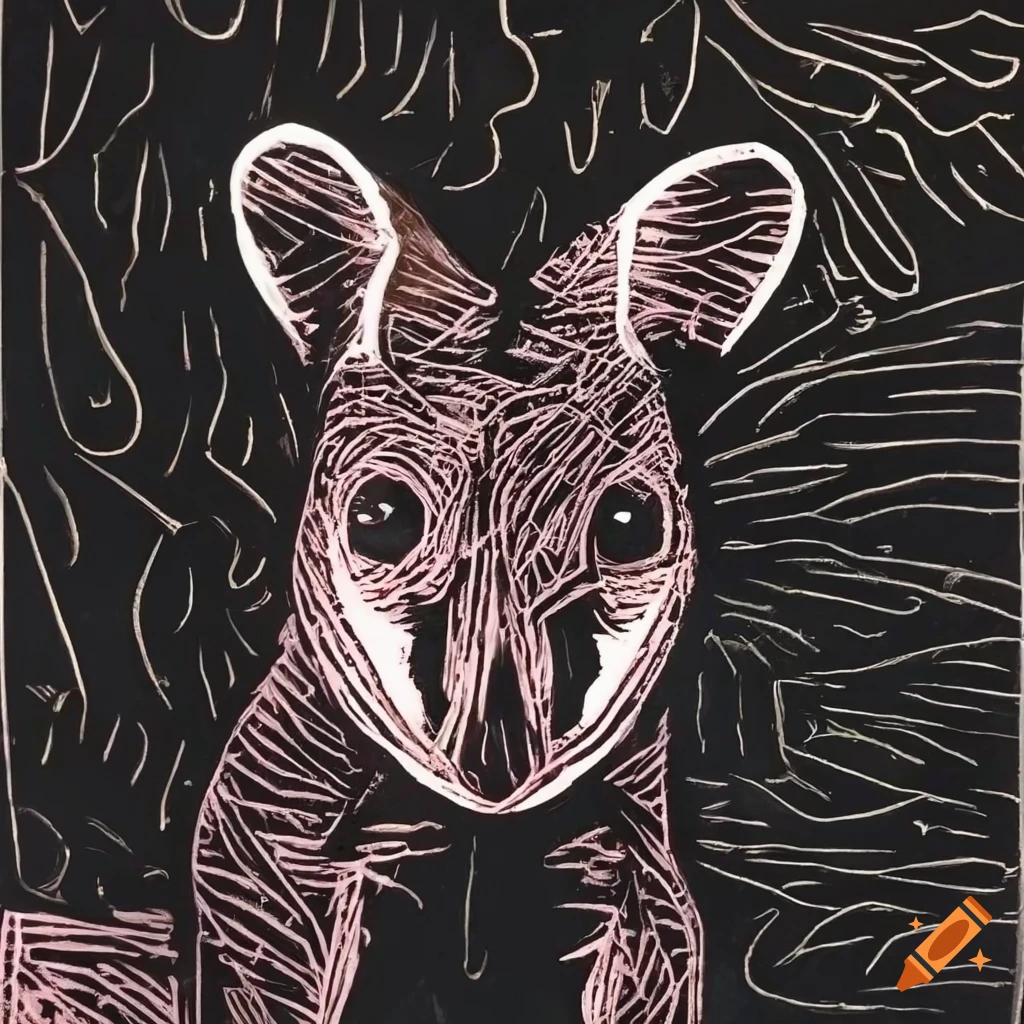 Pademelon face in lino cut print on Craiyon