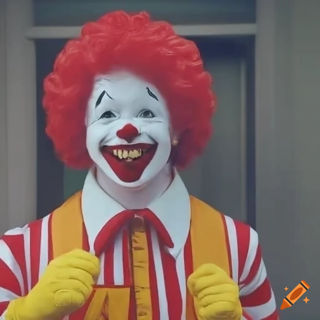 Ronald mcdonald in a fisheye view dancing and singing at the door with ...