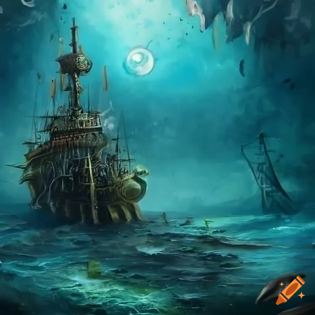 Underwater steampunk battleground in the deep ocean on Craiyon