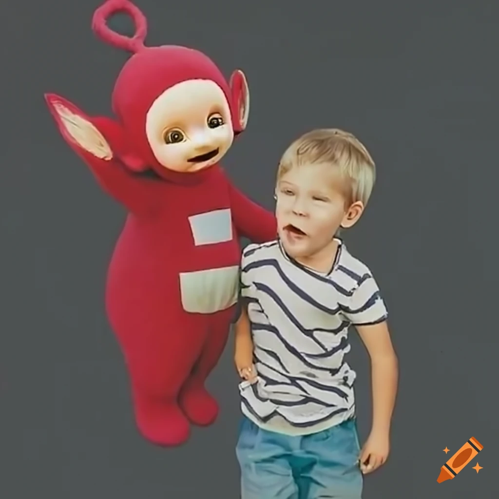 Female teletubby offering a piggyback ride to a boy on Craiyon