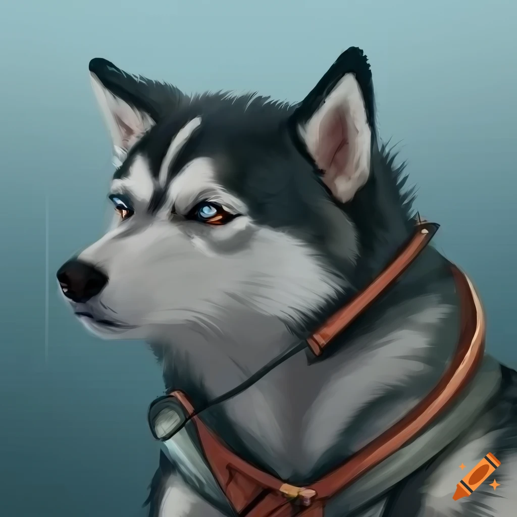 Sled husky dog portrait in a fierce pose in digital art style on Craiyon