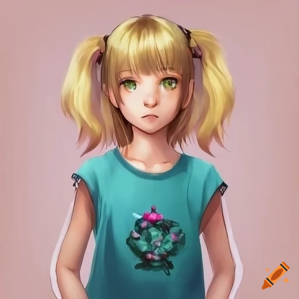 Anime Girl With Blonde Hair And Green Eyes In A Light Pink T Shirt With