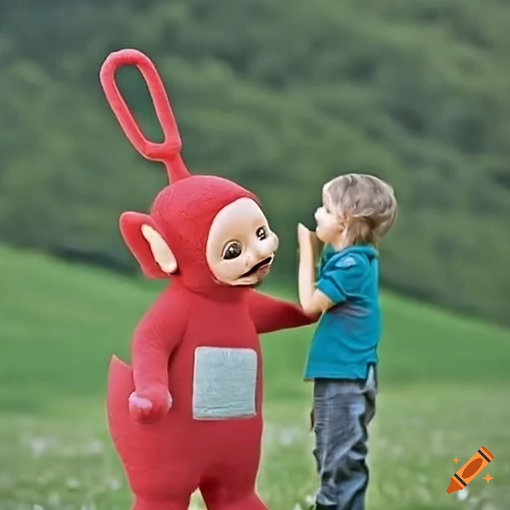 Female Teletubby offering a piggyback ride to a boy on Craiyon