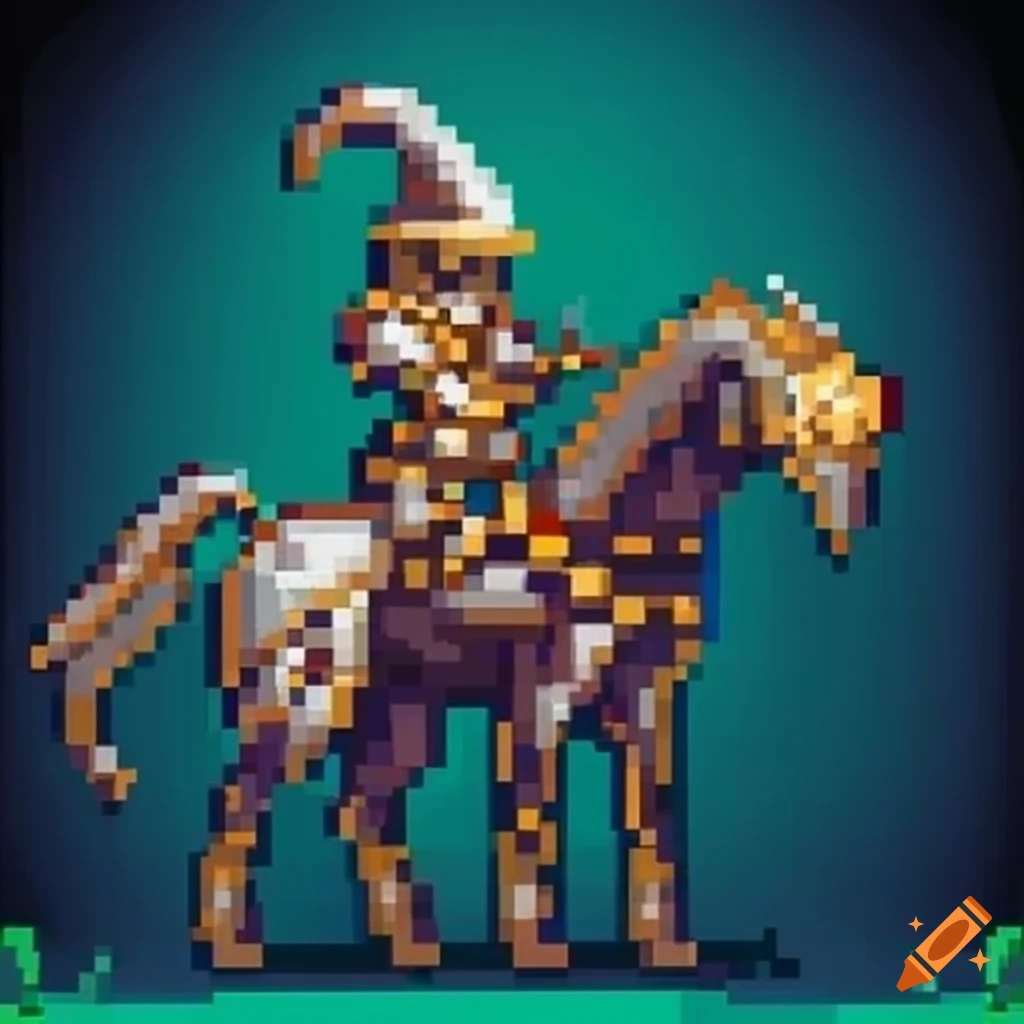 Pixel art of a wizard knight riding a horse on Craiyon