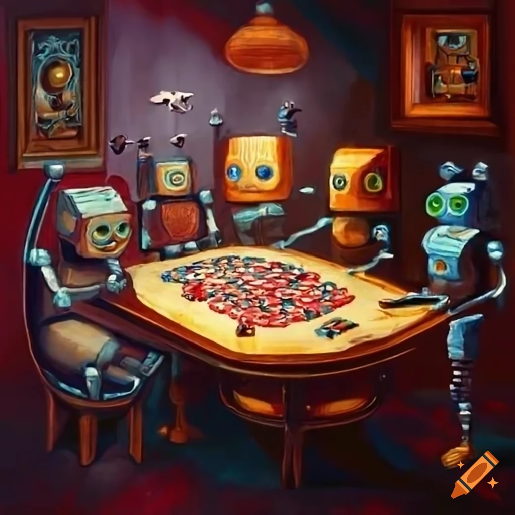 Velvet painting of robots playing poker in a dingy room on Craiyon