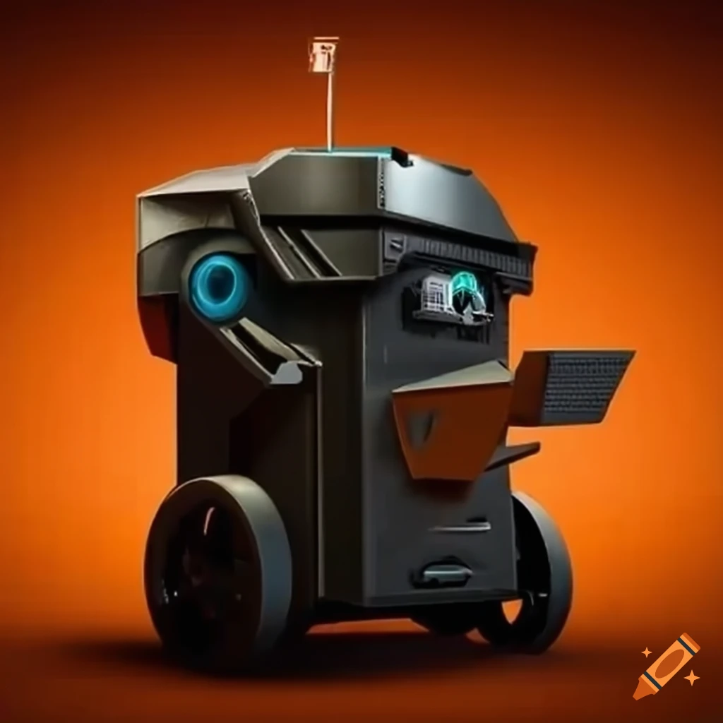 Advanced trash-collecting robot cleaning a beach with a box of dustbins ...