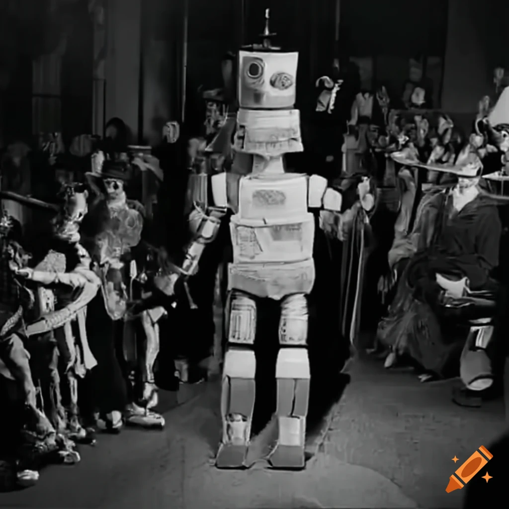 1970's hammer horror scene with a giant robot and people in wicker masks on Craiyon