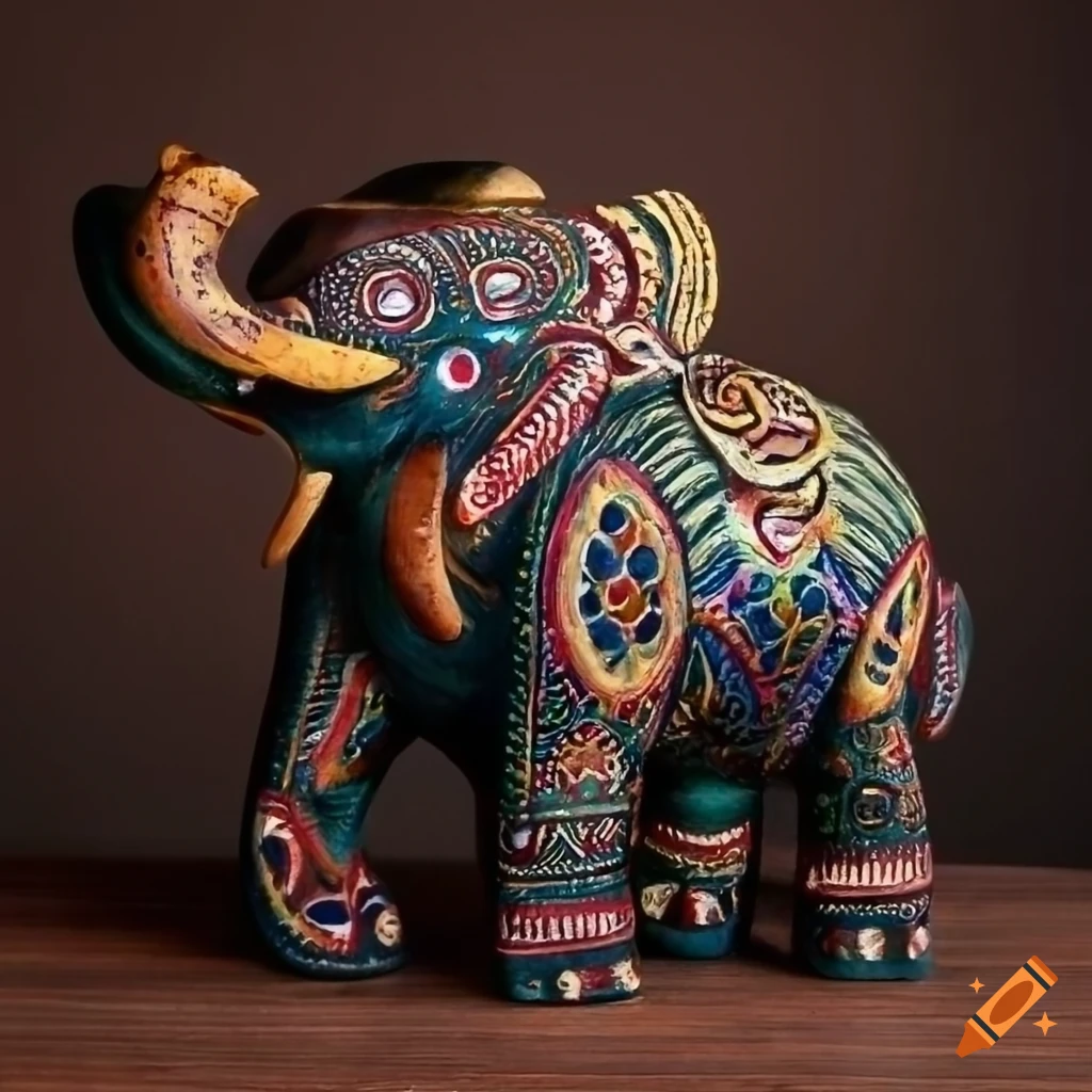Wooden Balinese elephant with colorful markings in a primitive art ...