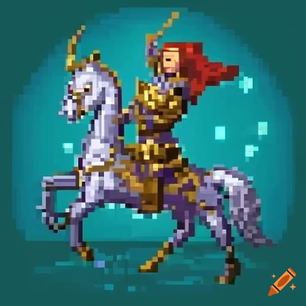 Pixel art of a wizard knight riding a horse on Craiyon