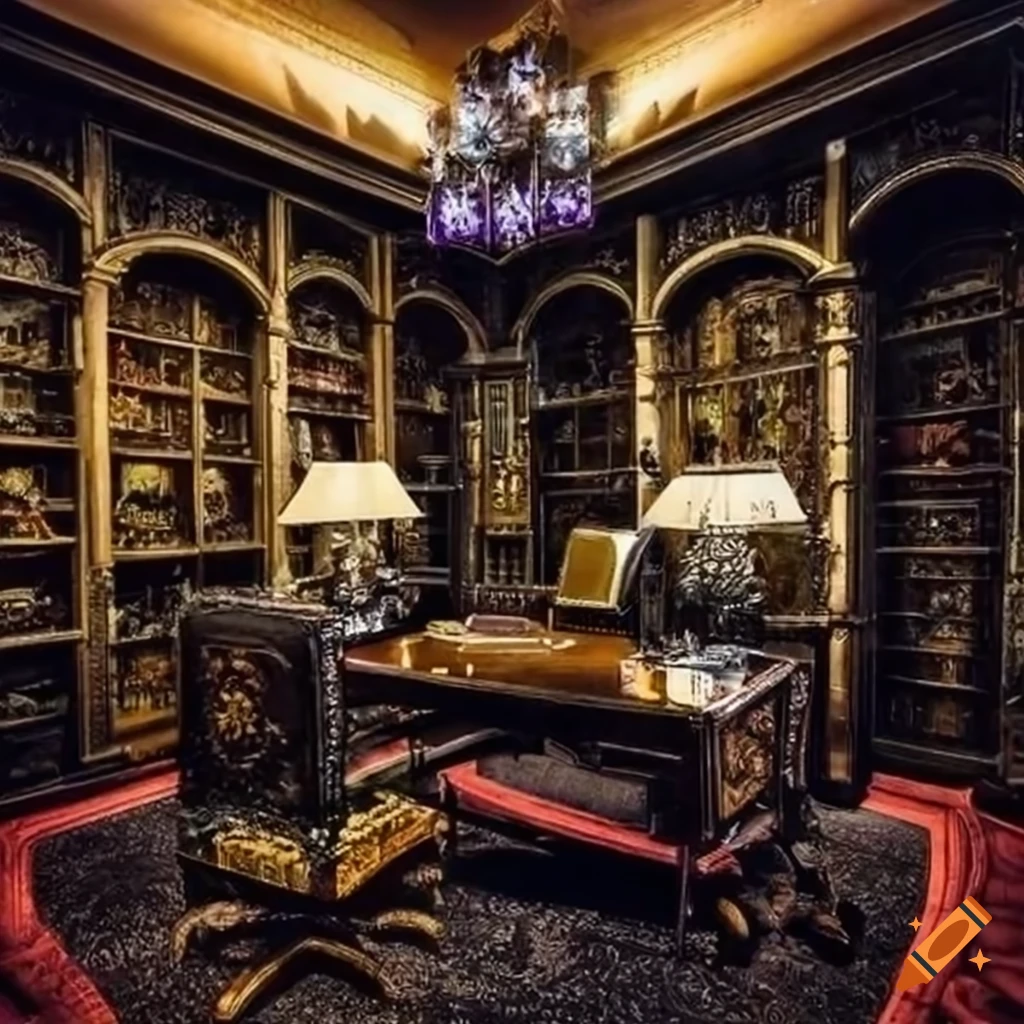 Intricately decorated gothic office with magical artifacts on Craiyon