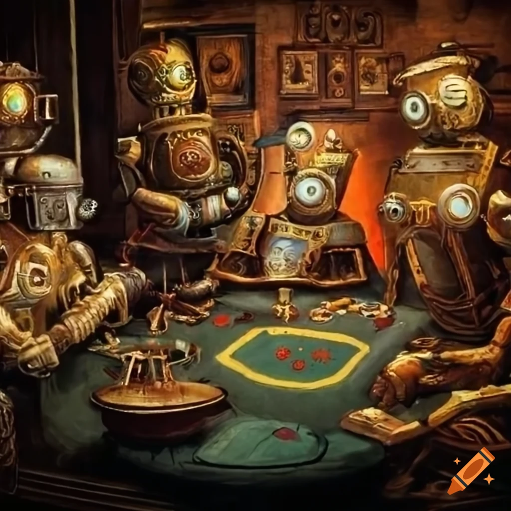 Velvet painting of steampunk robots playing poker in a dimly lit parlor ...