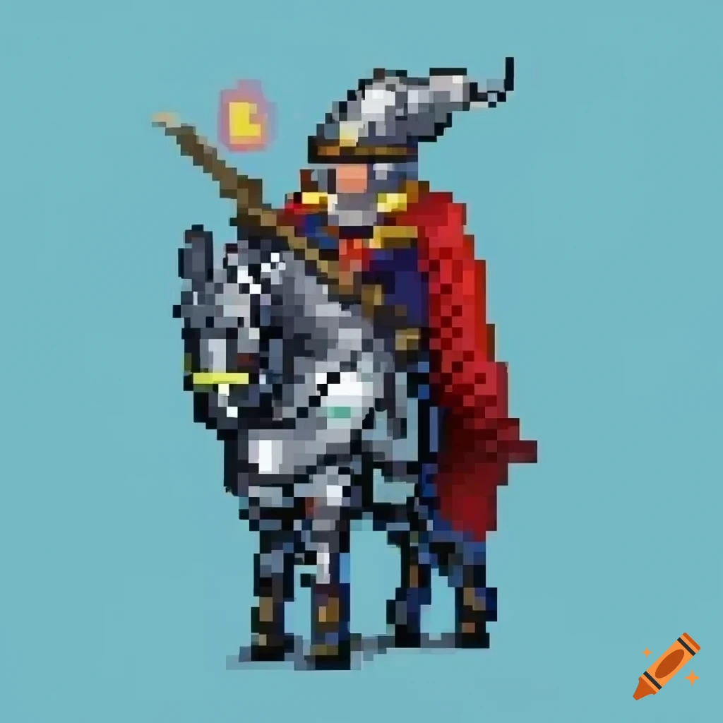 Pixel art of a wizard knight riding a horse on Craiyon