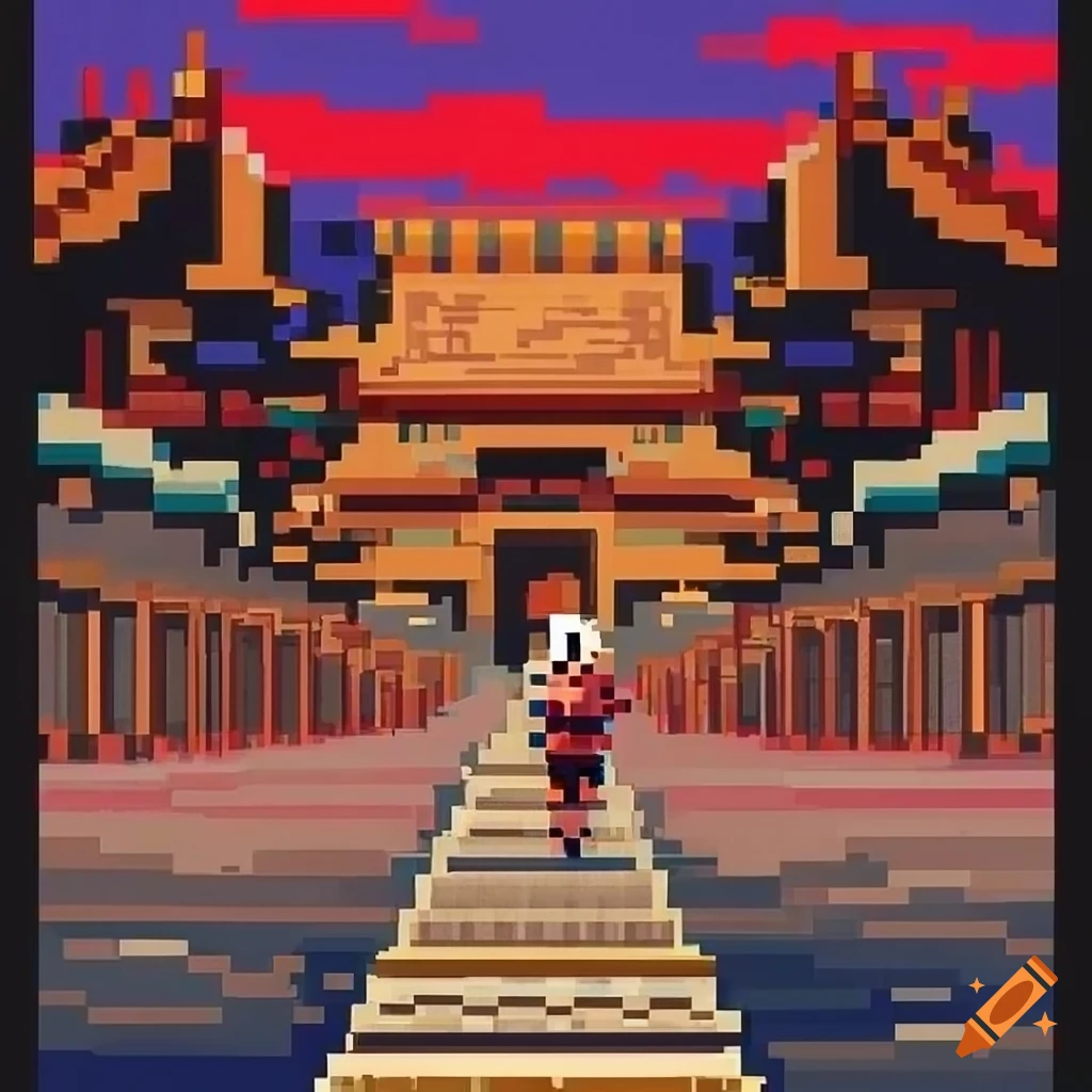 Pixel art inspired by sega genesis with vintage asian travel poster ...