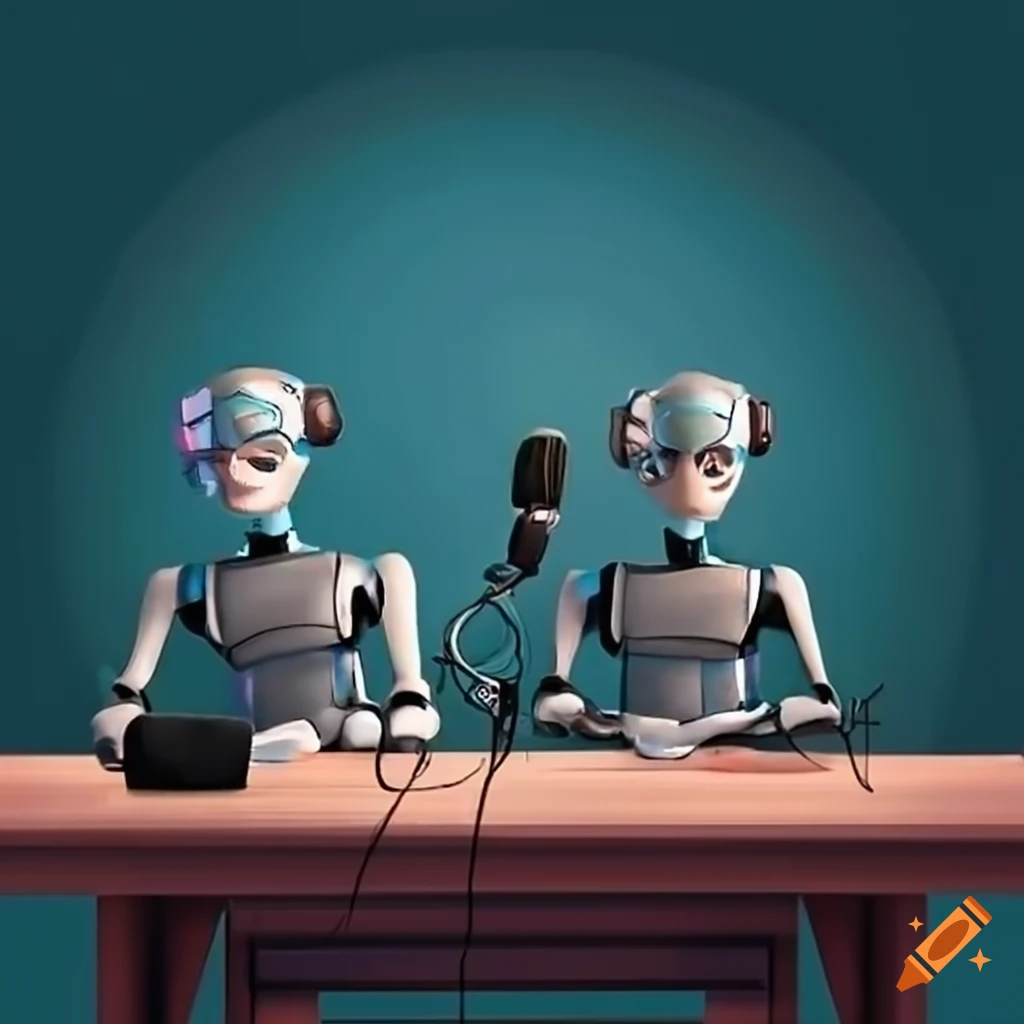 Artificial intelligence characters at a podcast radio table on Craiyon