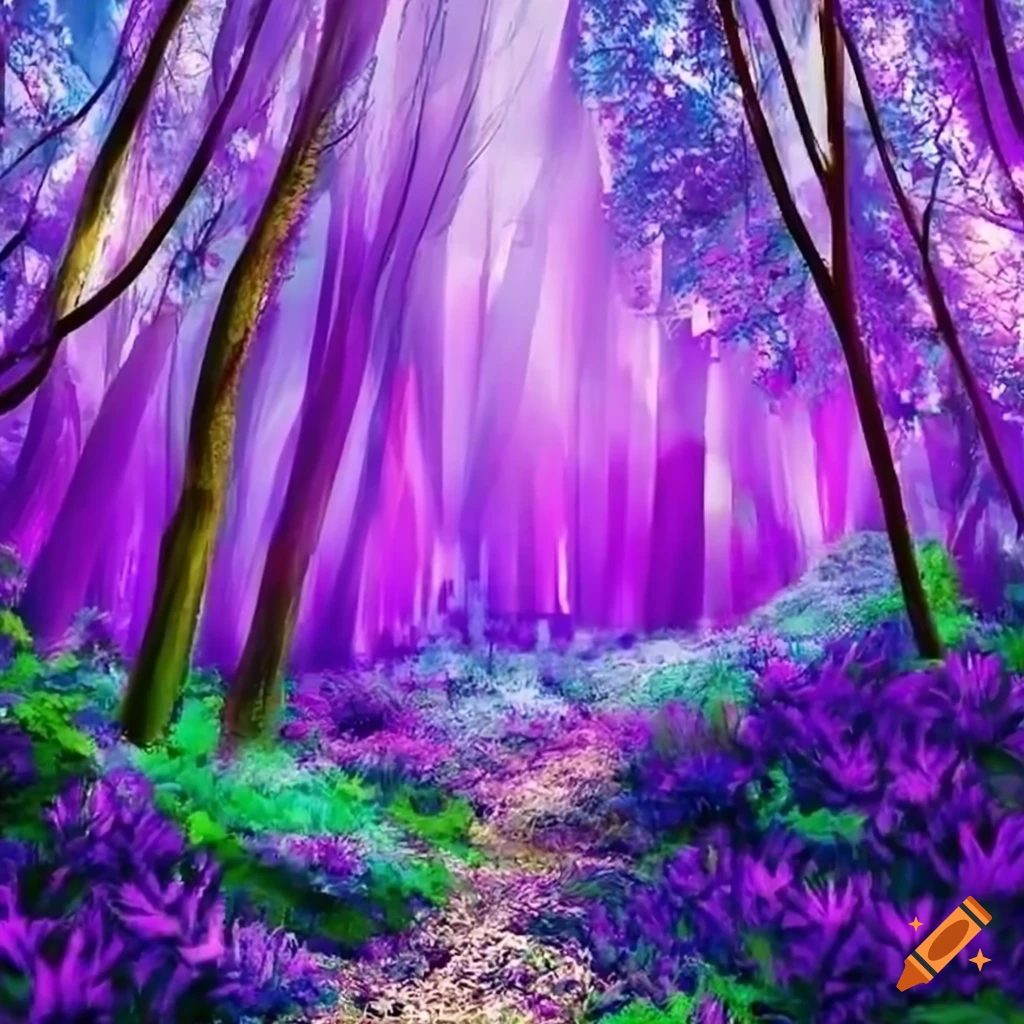 Fantasy forest landscape with purple accents and vibrant colors on Craiyon