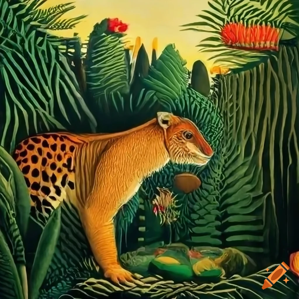 Vibrant jungle scene with lush greenery and exotic wildlife inspired by henri rousseau on Craiyon