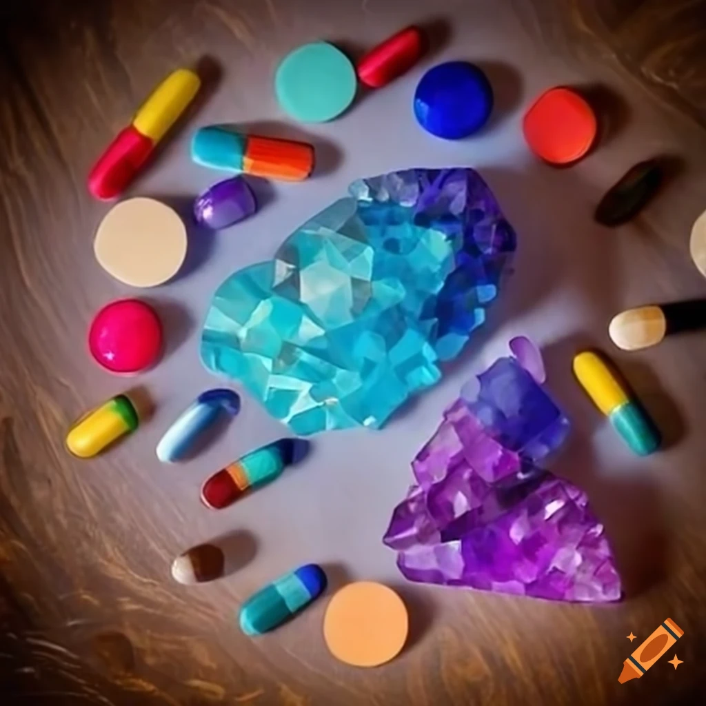 Crystals, pills, and magical amulet on a table on Craiyon