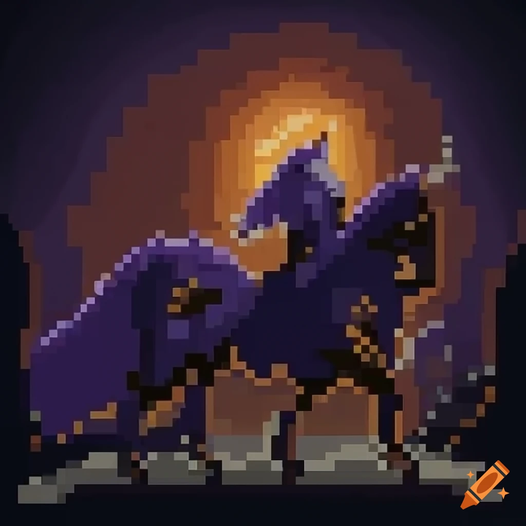 Pixel art of a wizard knight riding a horse on Craiyon