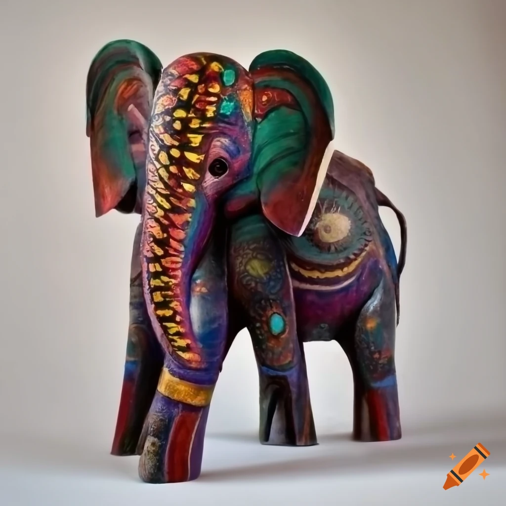 Wooden elephant with colorful markings in Bali primitive art style on ...