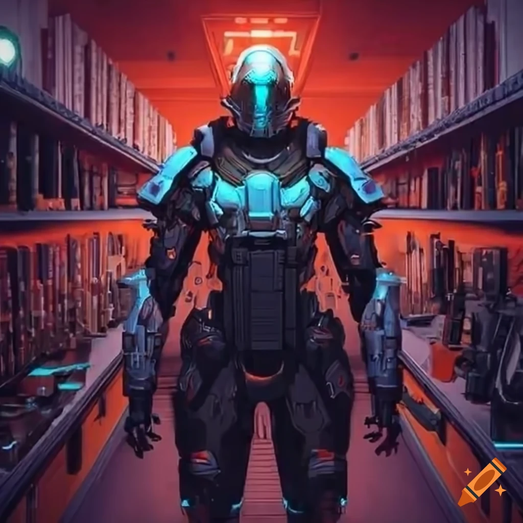 Young man in futuristic armor with a plasma gun surrounded by firearms ...