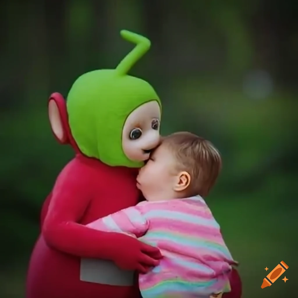 Female teletubby offering piggyback ride to a boy on Craiyon
