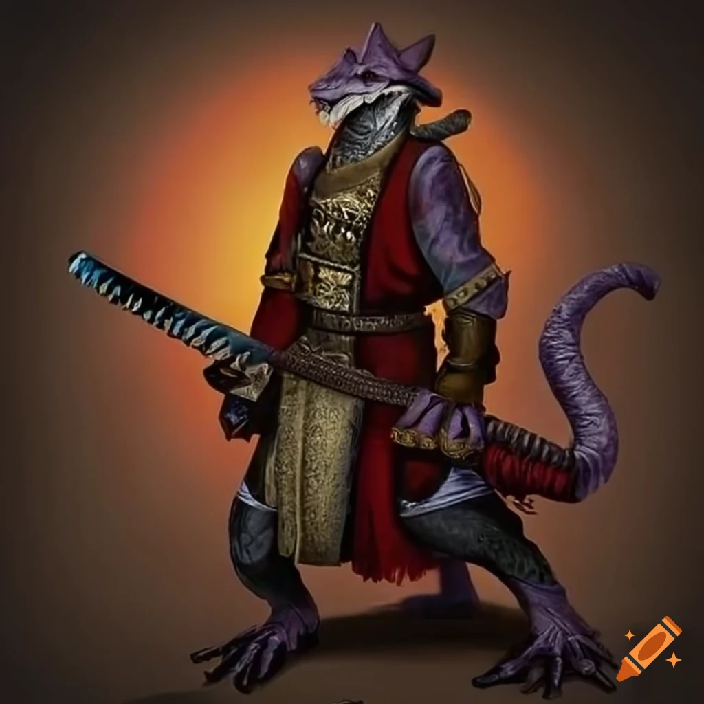 Buff kobold in medieval noble clothing with katana on Craiyon