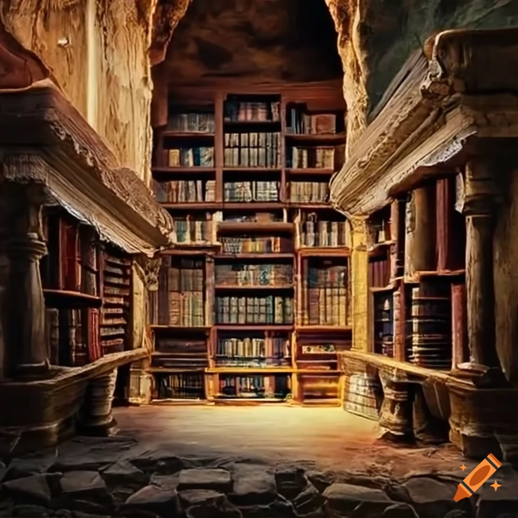 Remote cave library with ancient books and stone floor on Craiyon