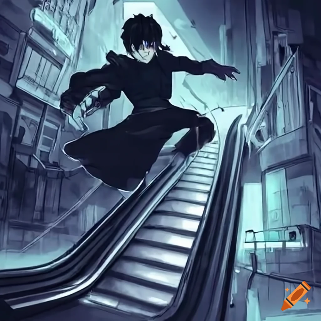Epic anime hero leaping onto escalator in action scene on Craiyon