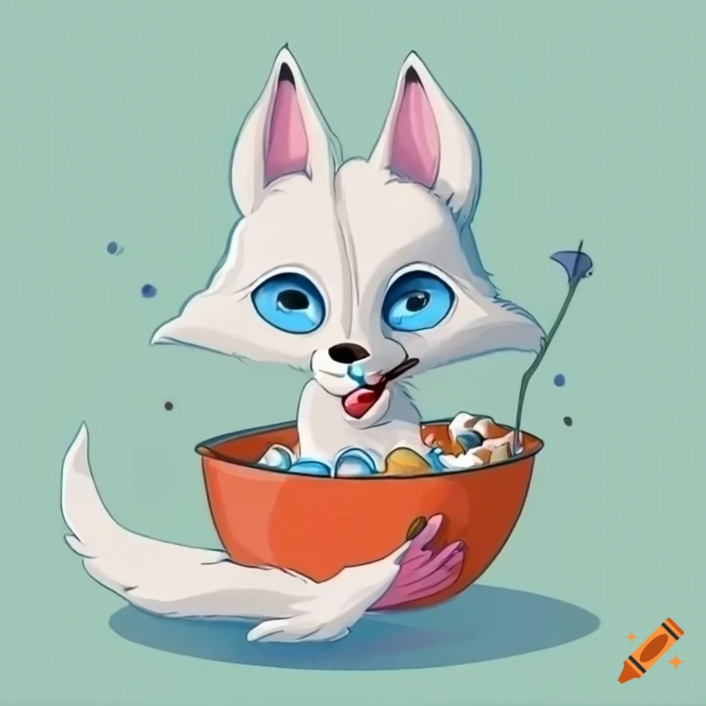 Cartoon white fox with blue eyes eating cereal on Craiyon