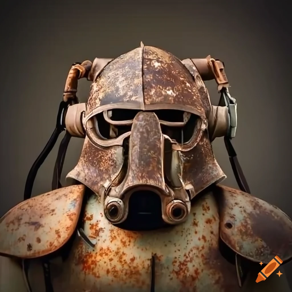 Rusty power armor helmet with big metal headphones on Craiyon
