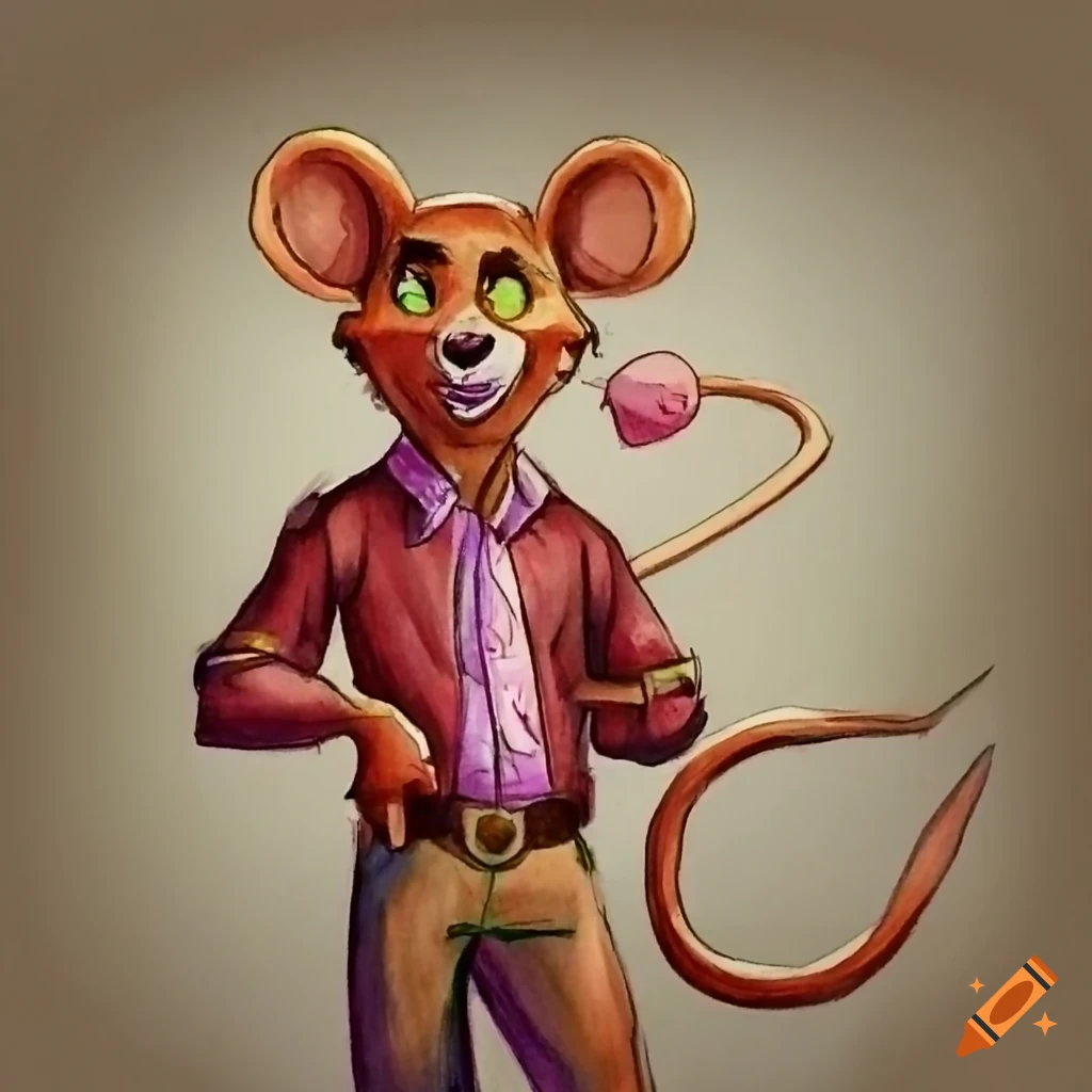 Anthro rust red mouse man in watercolor style with pink nose and green ...