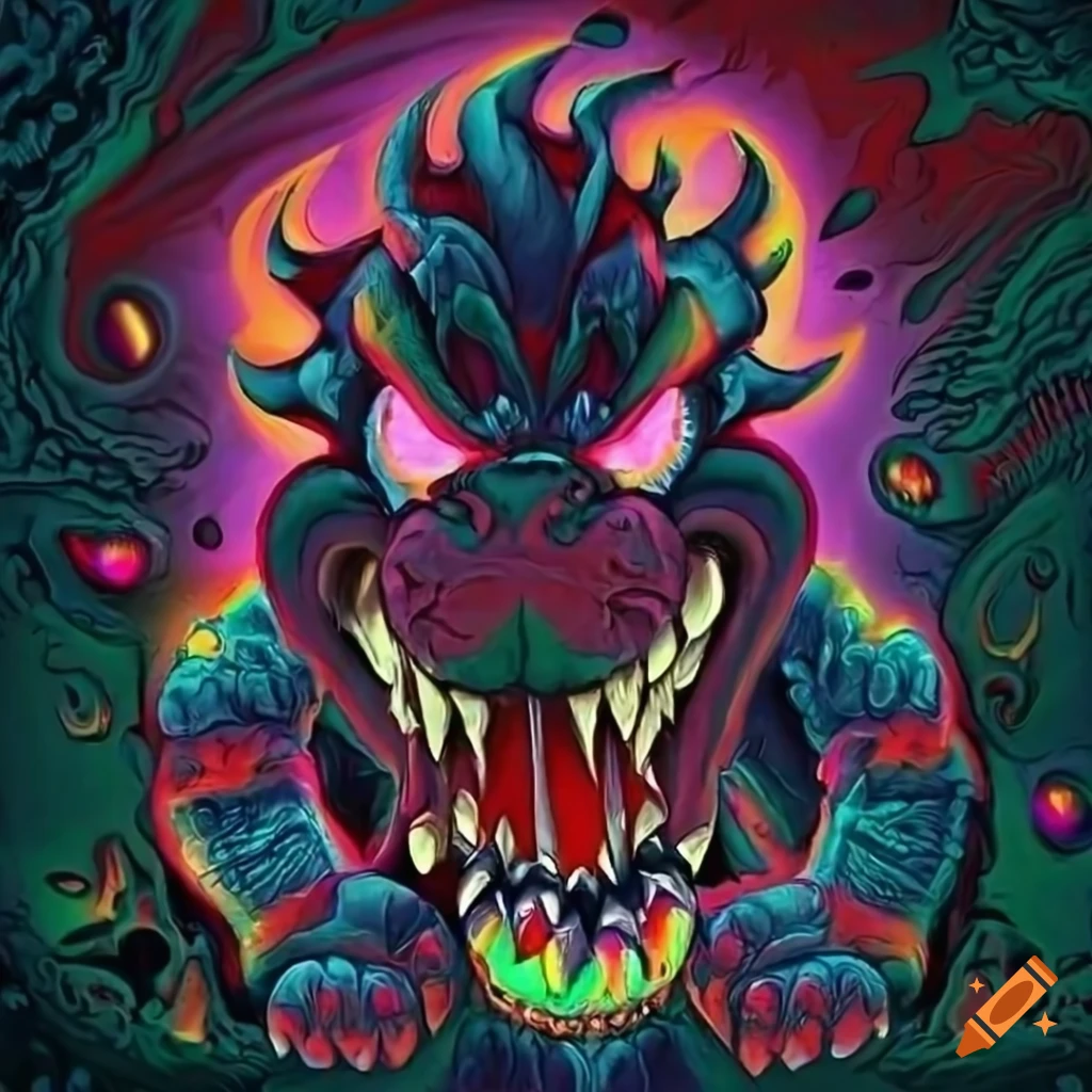 Dark evil bowser in a psychedelic and trippy style on Craiyon