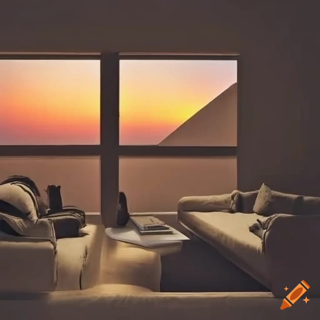 View of the pyramids in egypt from a modern living room window on Craiyon