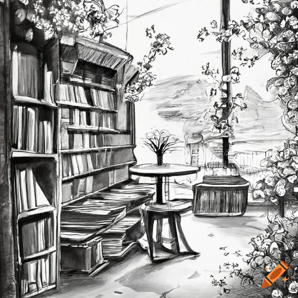 Cozy bookshop and coffeehouse with blossoming greenery in black and ...