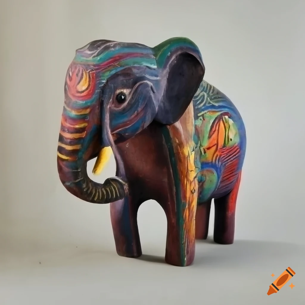 Wooden elephant with colorful markings in Bali primitive art style on ...