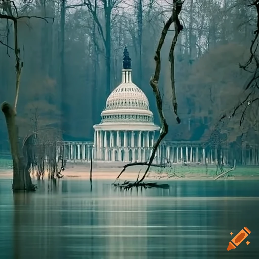 Us capitol building partially submerged in a swamp on Craiyon