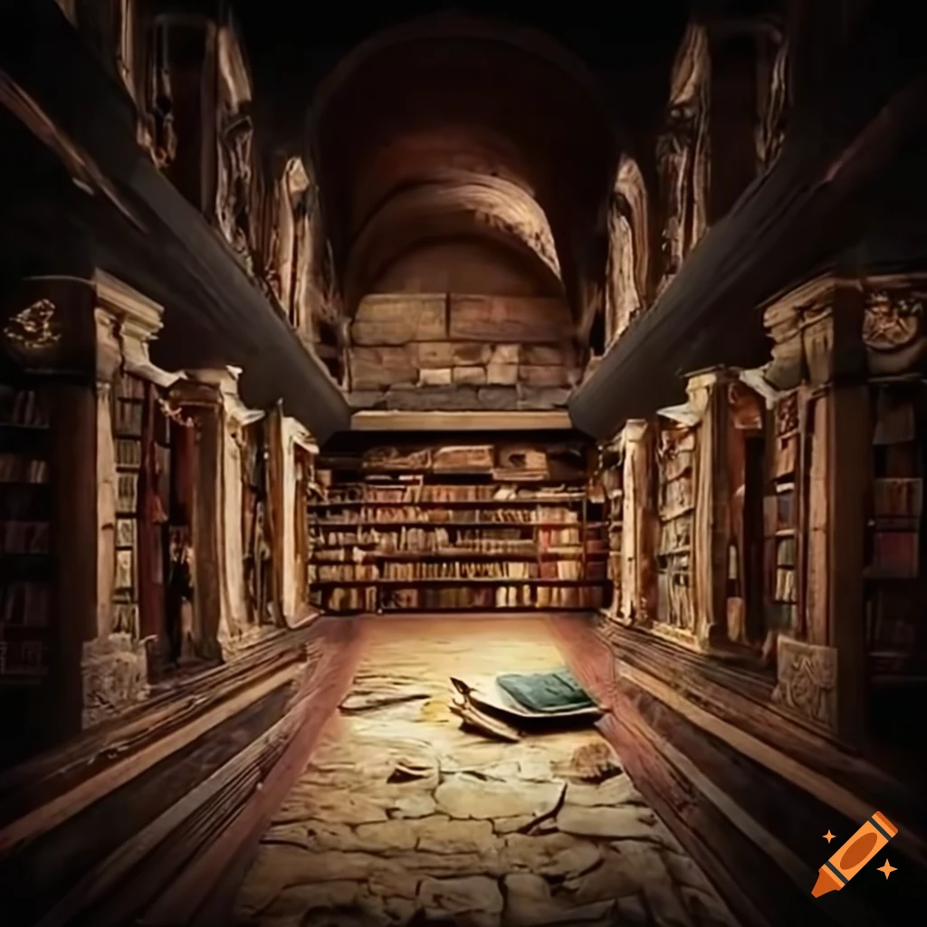 Remote cave library with ancient books on a stone floor on Craiyon