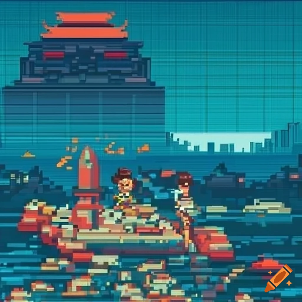Pixel art with sega genesis inspired vintage asian travel poster style on Craiyon